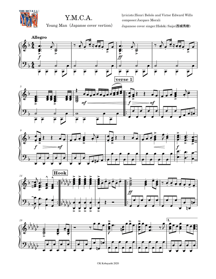 Y.M.C.A. - Village People/西城秀樹 Sheet music for Piano, Vocals, Hand clap ...