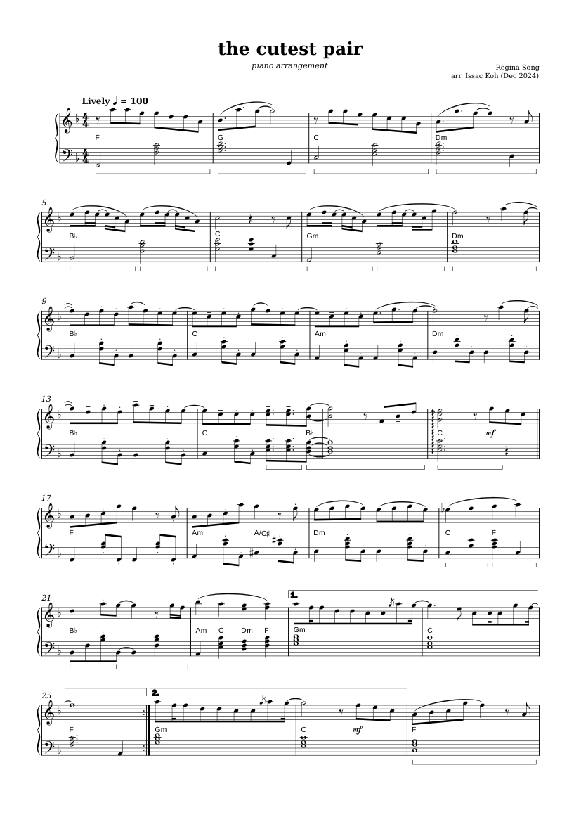 the cutest pair - Regina Song (Piano Arrangement) Sheet Music for Piano ...