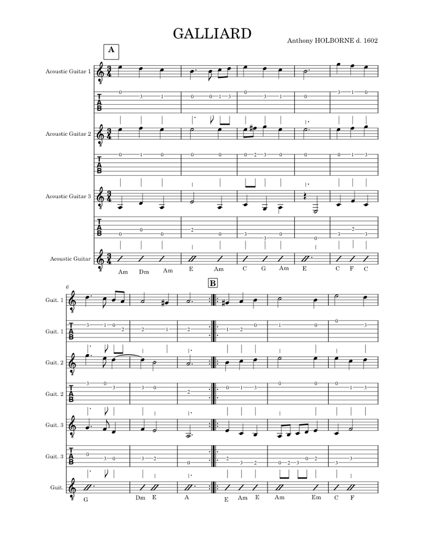 GALLIARD 3 GUITARS AND CHORDS Sheet music for Guitar (Mixed Ensemble ...