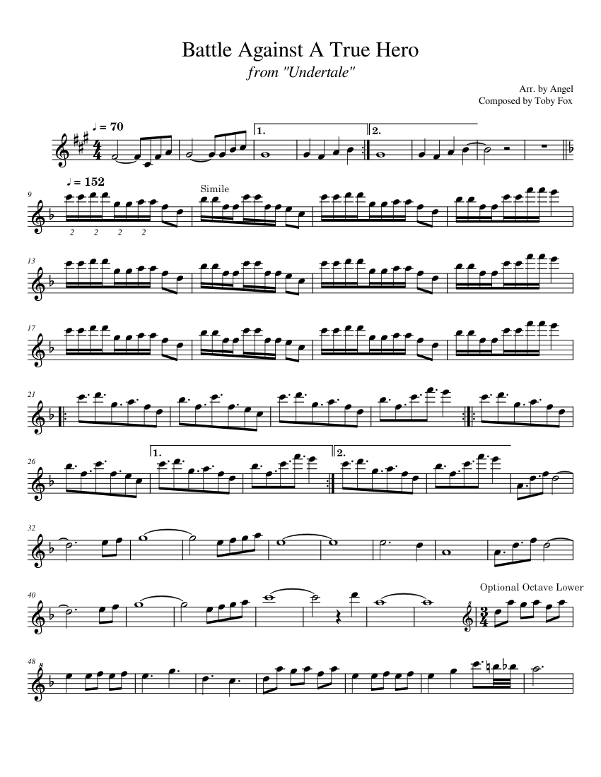 Battle Against a True Hero – Toby Fox Battle Against A True Hero Sheet Music for Saxophone alto ...