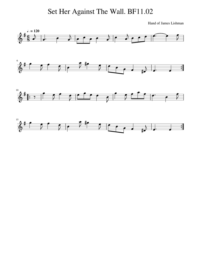 Hand of James Lishman - Set Her Against The Wall. BF11.02 Sheet music ...