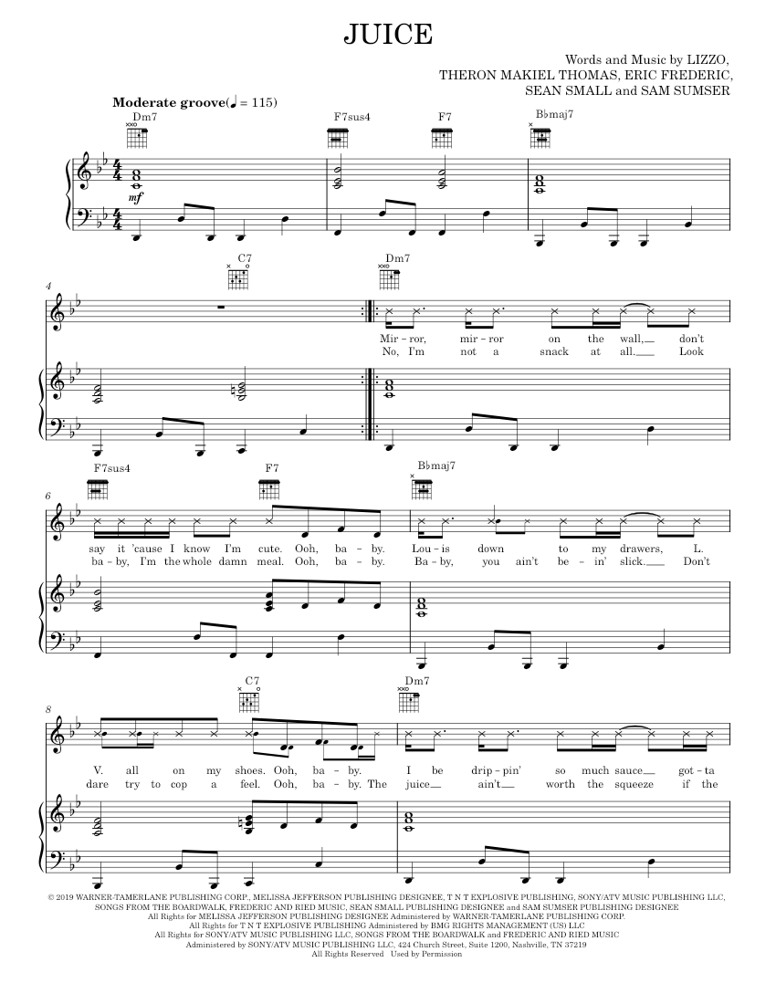 Play Official version of Juice Sheet Music by Lizzo for Piano, Vocals ...