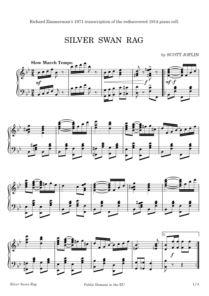 Silver Swan Rag - Scott Joplin - 1914 - transcribed by Richard Zimmerman Sheet Music for Piano ...