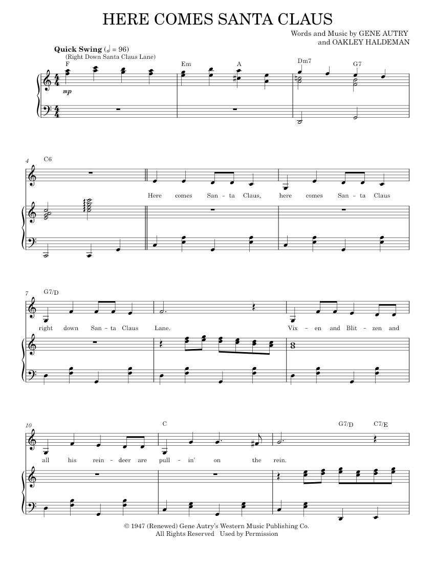 Play Official version of Here comes santa claus sheet music by Gene ...