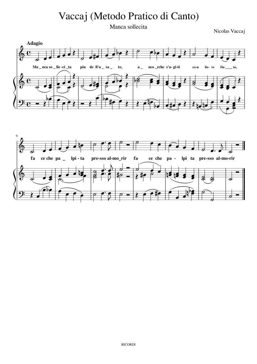 Vaccaj (Manca sollecita) Sheet Music for Piano, Vocals (Piano-Voice ...