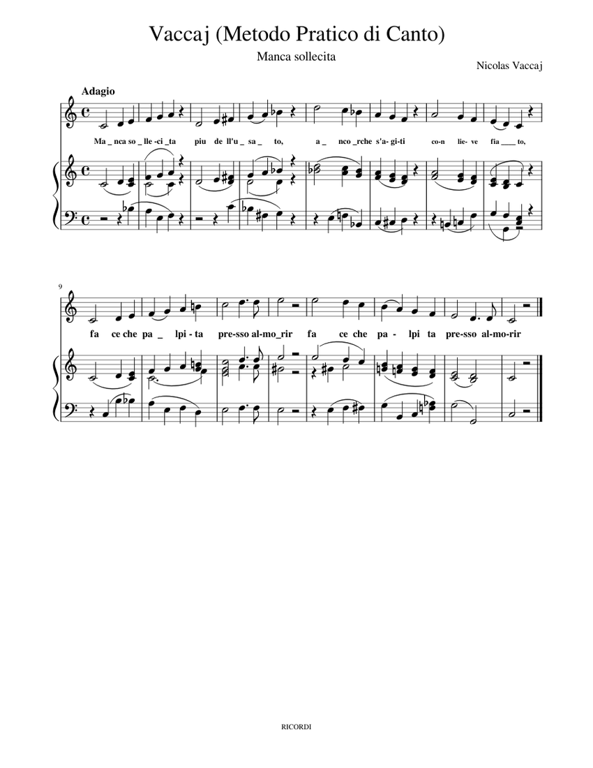 Vaccaj (Manca sollecita) Sheet music for Piano, Vocals (Piano-Voice ...