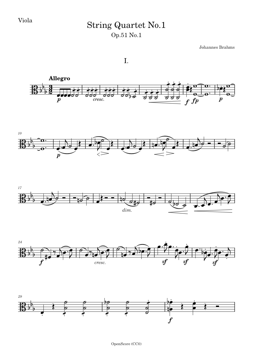 Brahms, Johannes - String Quartet No.1, Op.51, No.1 – Viola PART Sheet music for Viola (String ...