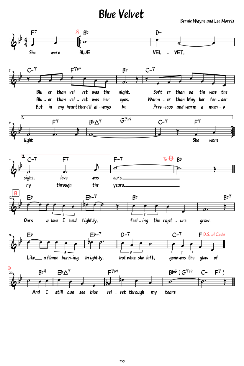 Blue Velvet (Lead sheet with lyrics ) Sheet Music for Piano (Solo) Easy ...