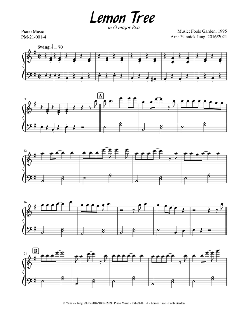 Lemon tree – Fool's Garden - G major 8va Sheet music for Piano (Solo ...