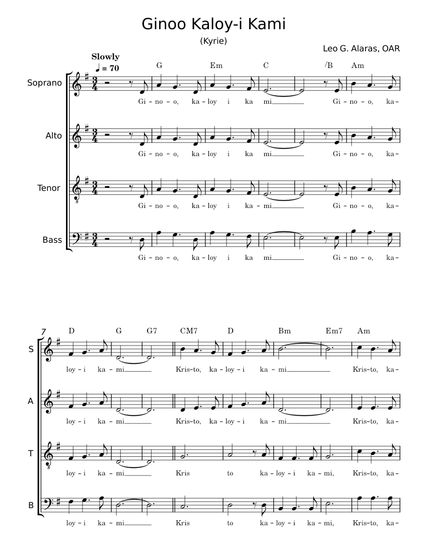 Ginoo Kaloy-i Kami – Leo G. Alaras;OAR Sheet music for Bass guitar, Synthesizer (Mixed Quartet ...
