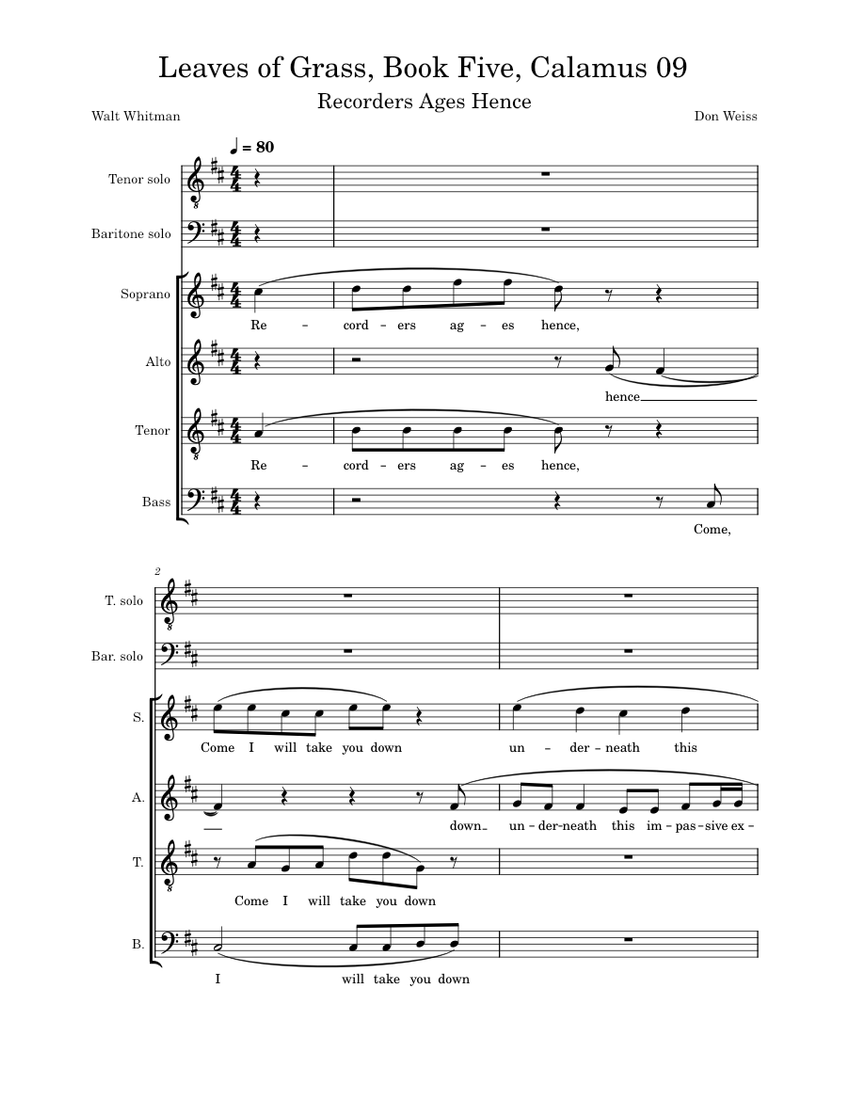 Leaves of Grass, Book Five, Calamus 09 Sheet music for Soprano, Alto ...