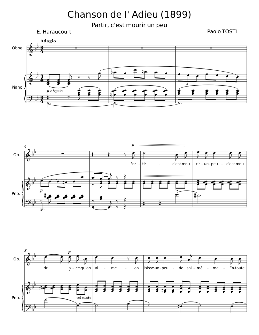 Chanson de l'Adieu - Francesco Paolo Tosti Sheet Music for Piano, Oboe ...