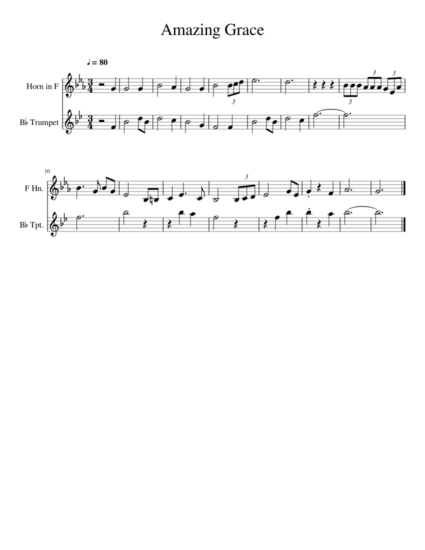 Amazing Grace Sheet music for Trumpet (In B Flat), French Horn (Brass ...