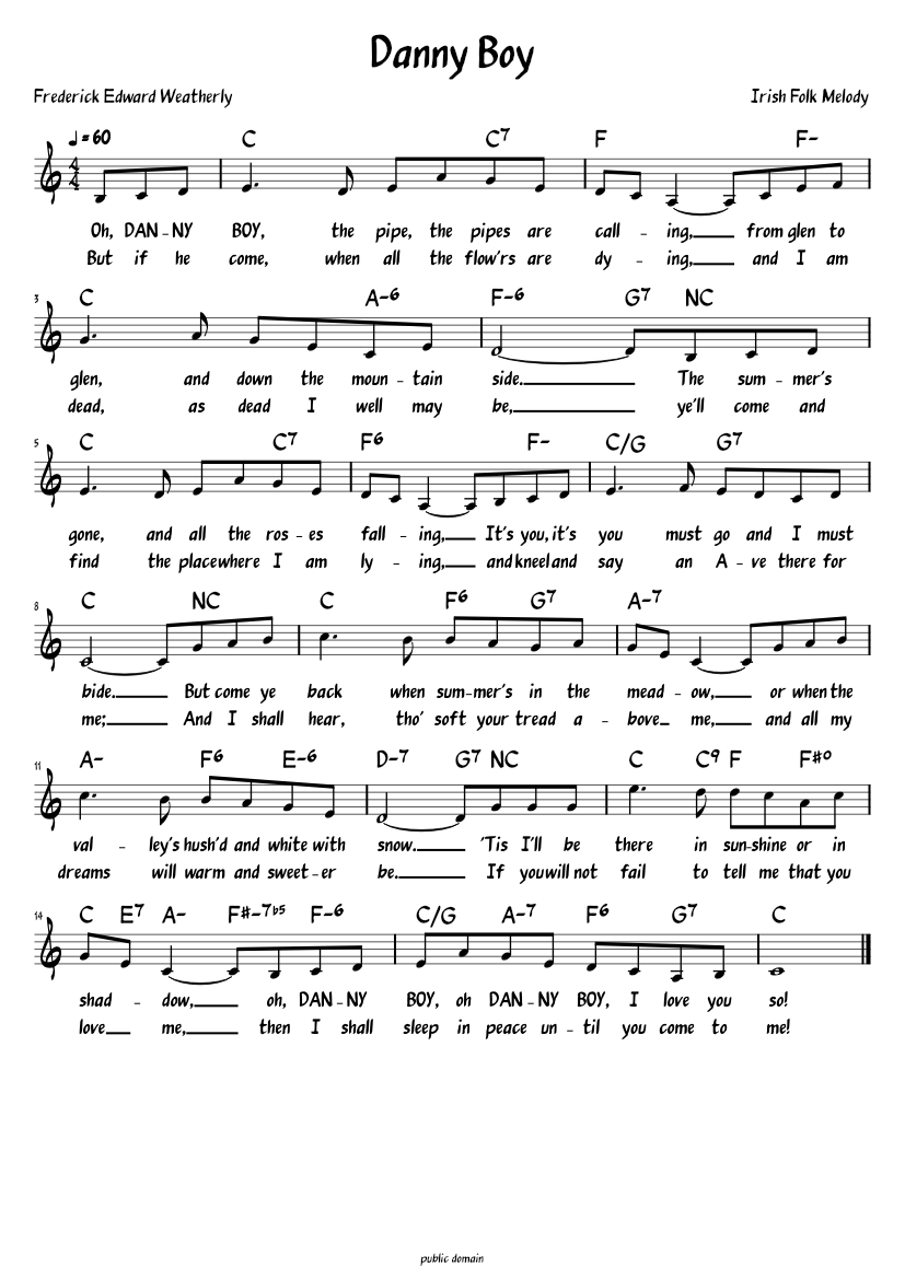 Danny Boy (Lead sheet with lyrics ) Sheet Music with Chords for Piano ...