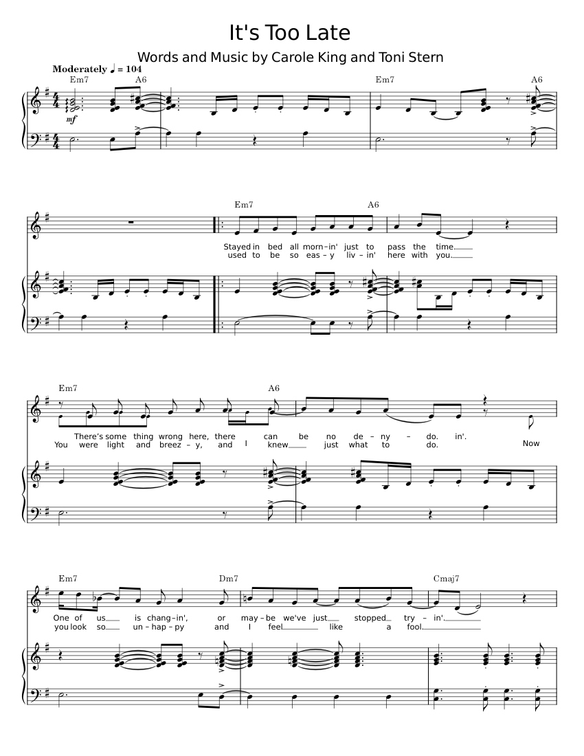 It's Too Late - Carole King Sheet Music with Chords for Piano ...