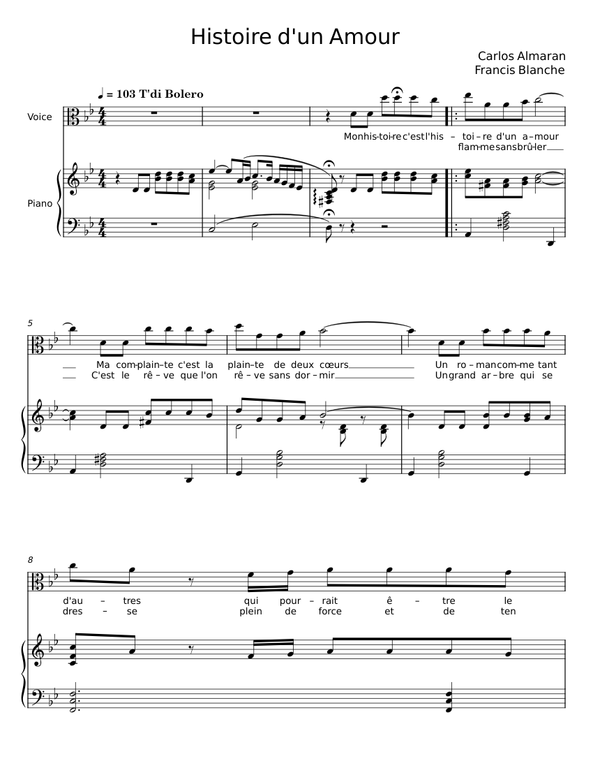 Histoire D un Amour Carlos Almaran Sheet Music For Piano Voice Histoire D un Amour Carlos Almaran Sheet Music For Piano Voice