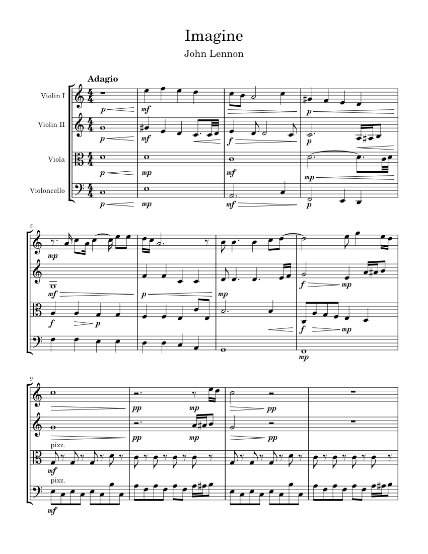Imagine Sheet music for Violin, Viola, Cello (String Quartet ...