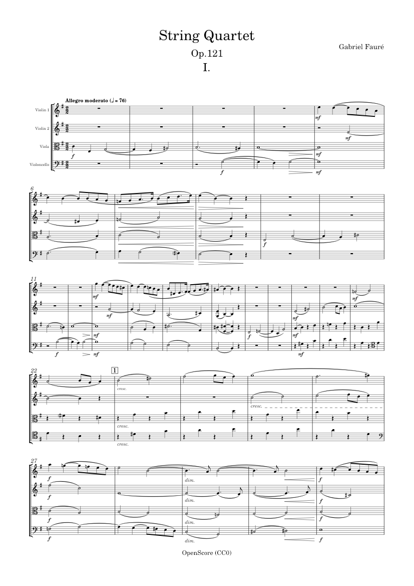 Fauré, Gabriel - String Quartet, Op.121 Sheet music for Violin, Viola, Cello (String Quartet ...