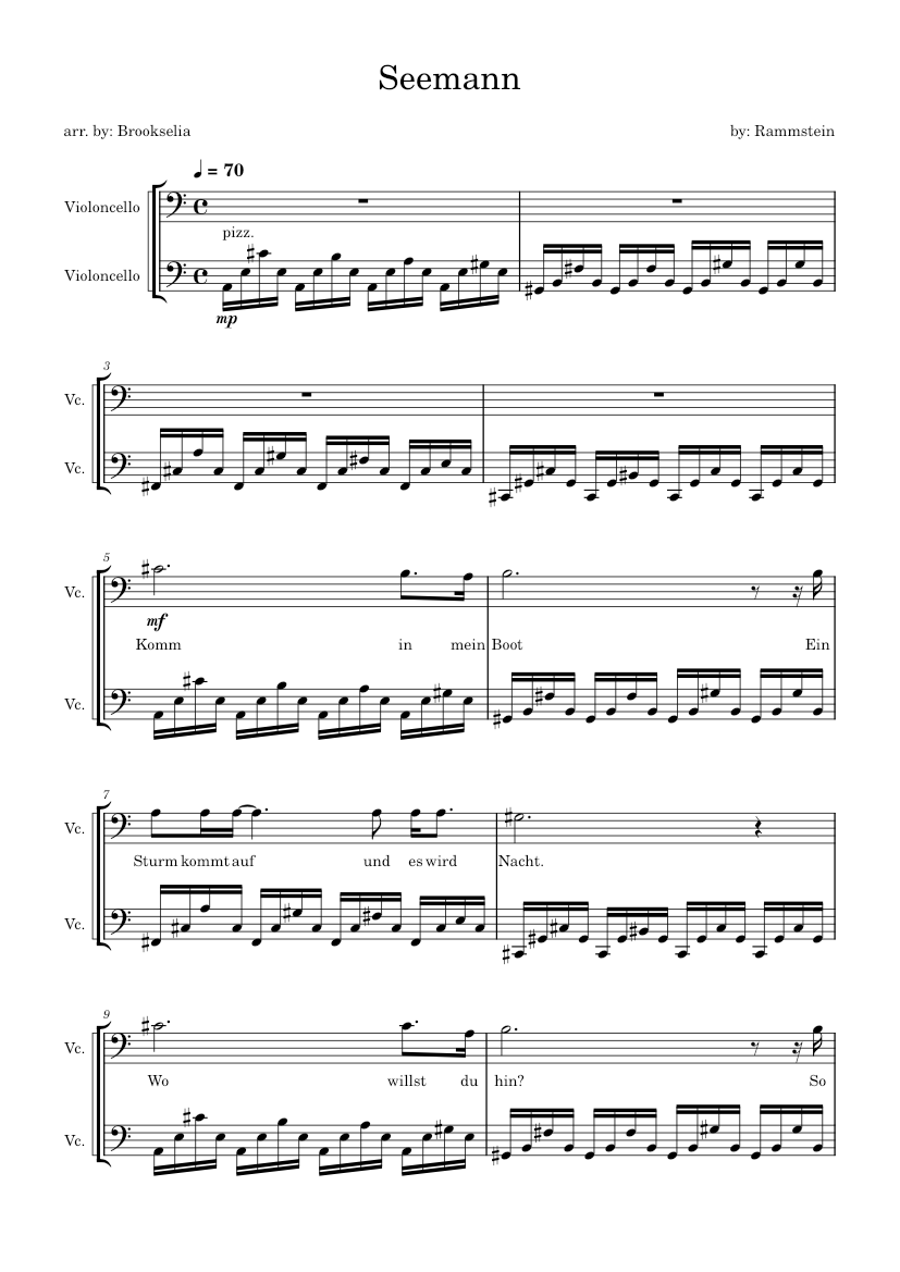 Seemann – Rammstein Sheet Music for Cello (String Duet) | MuseScore.com