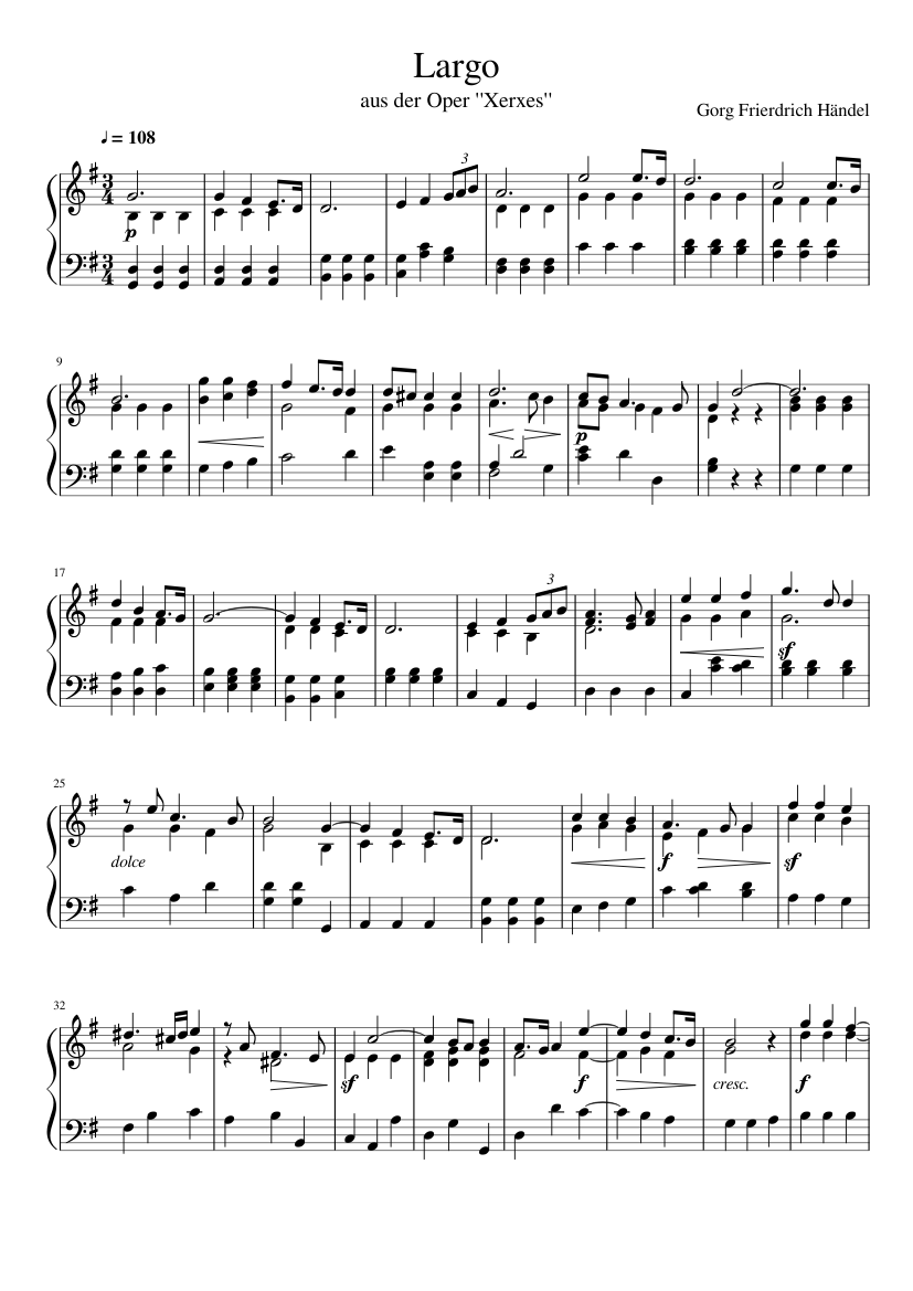 Largo aus der Oper "Xerxo" - Händel Sheet music for Piano (Solo) Easy ...