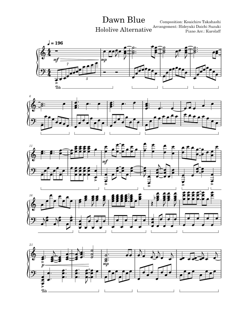 (short ver.) Dawn Blue - Mori Calliope Sheet music for Piano (Solo ...