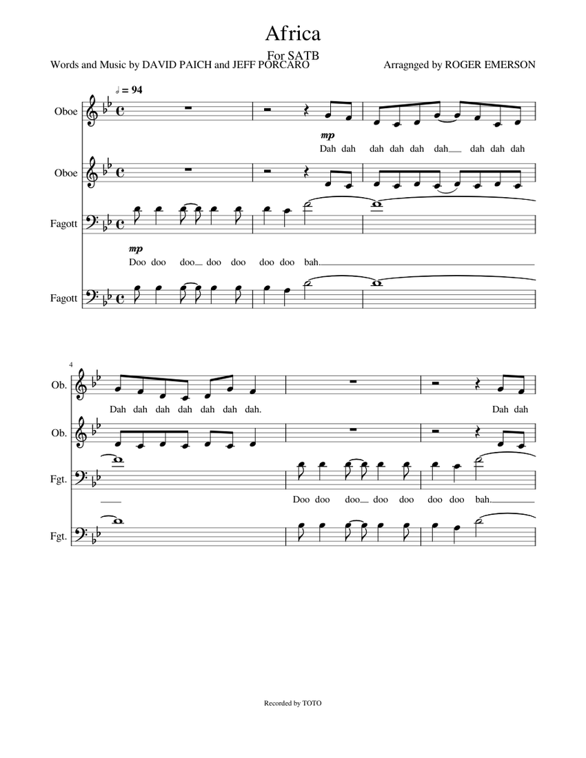 Africa Sheet music for Oboe, Bassoon (Mixed Quartet) | Musescore.com