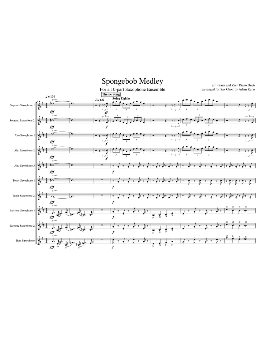 Spongebob Medley for Sax Choir Sheet music for Saxophone alto ...