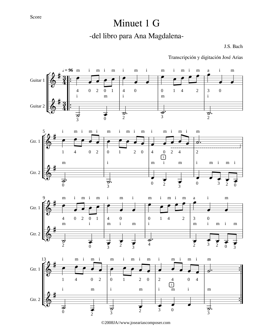 Bach Minuet 1 G Dúo de Guitarra Sheet music for Guitar (Mixed Duet ...