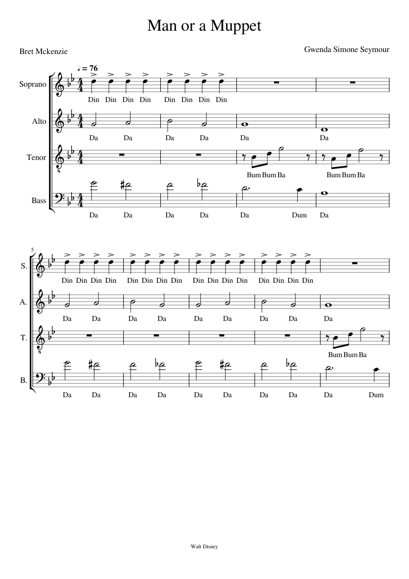 Man or Muppet Sheet Music for Soprano, Alto, Tenor, Bass voice (SATB ...