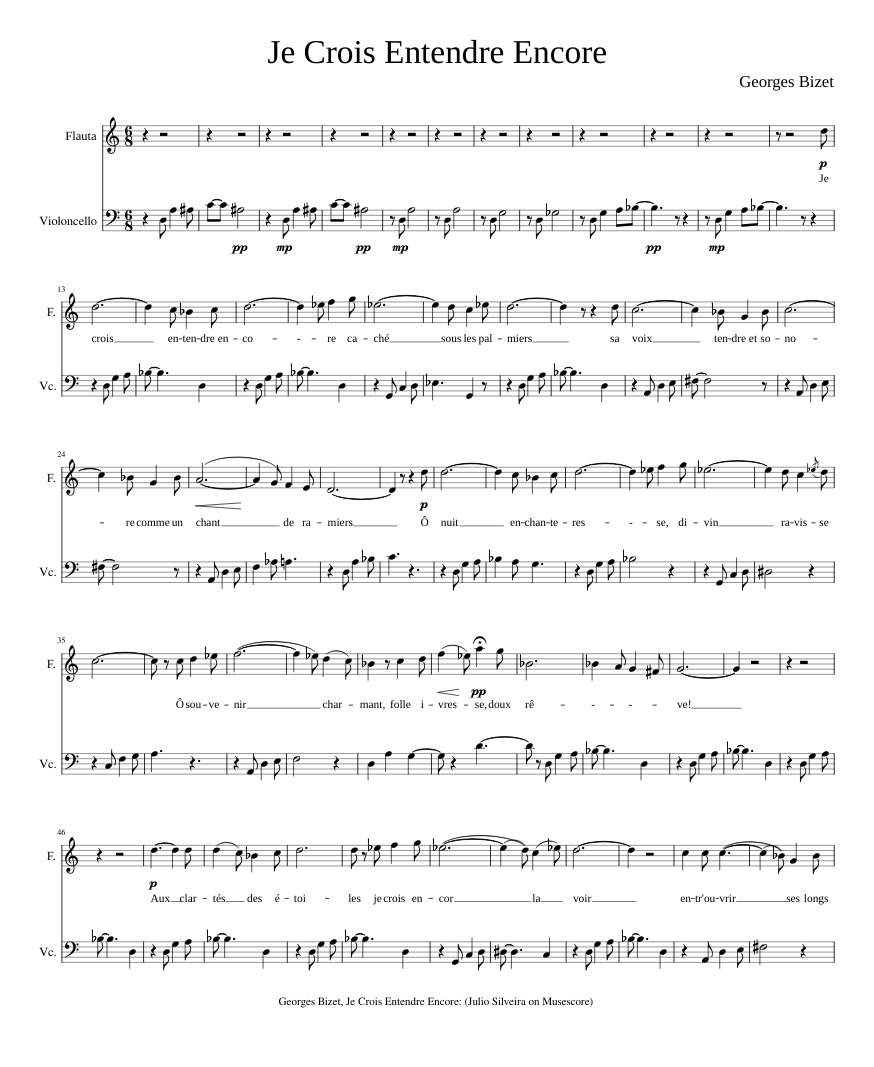 Bizet - Je Crois Entender Encore - Flute / Cello Sheet music for Cello ...