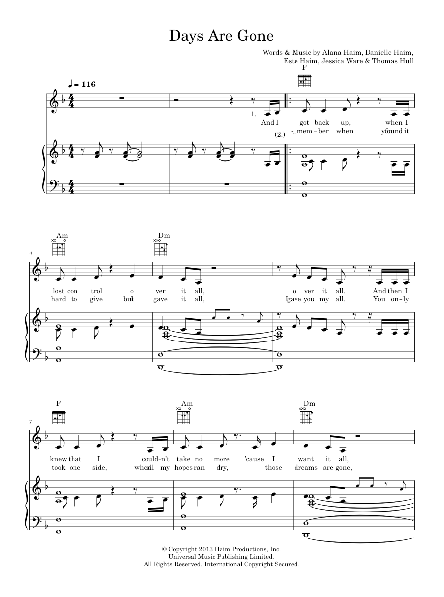 Play Official version of Days are gone sheet music by HAIM for Piano ...