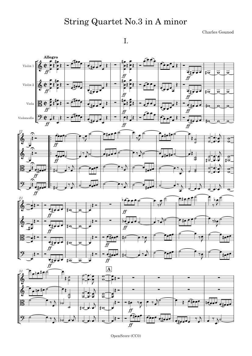 String Quartet in A minor – Charles Gounod Sheet Music for Violin, Viola, Cello (String Quartet ...