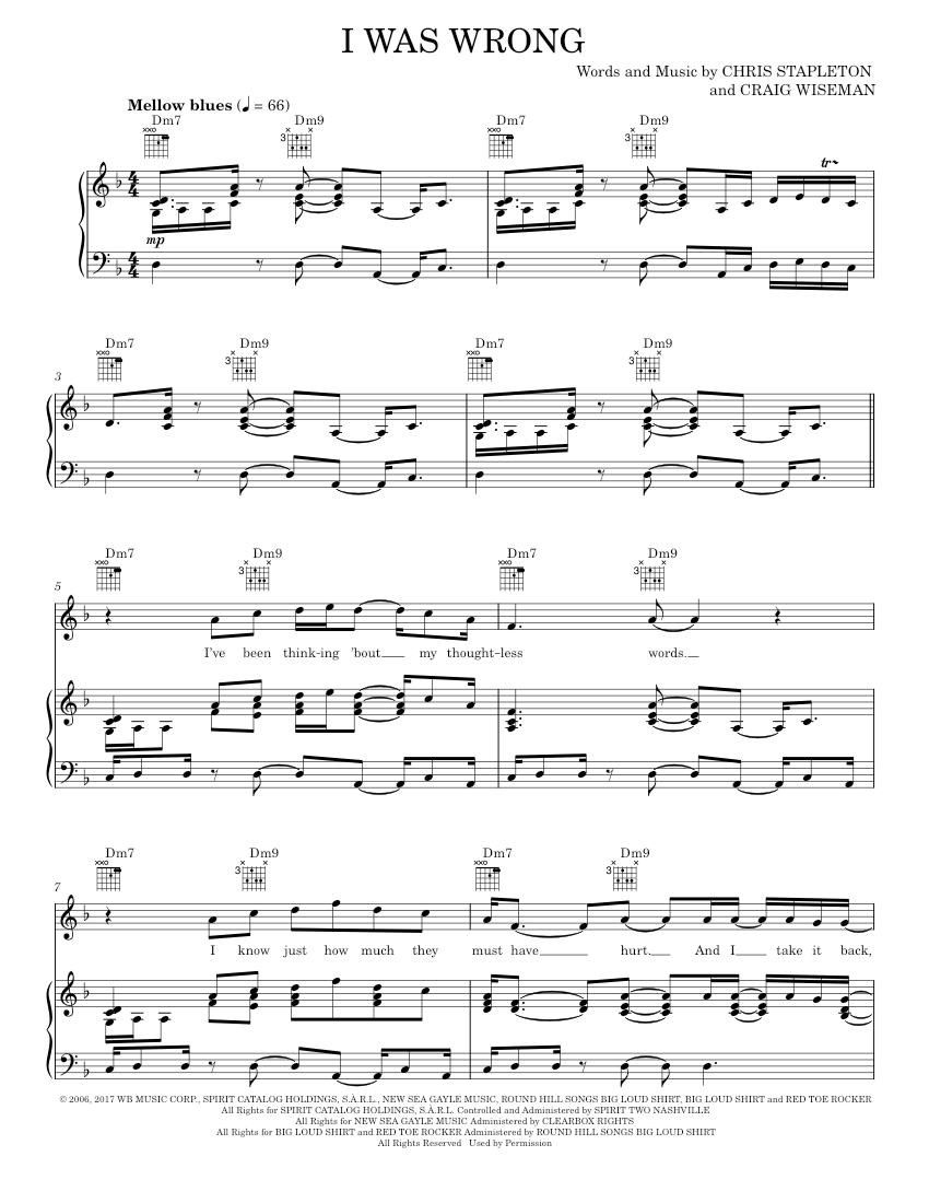 i was wrong Sheet music for Piano, Vocals by Chris Stapleton: Music ...