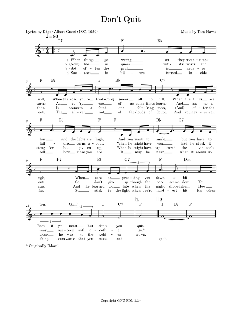 Dont Quit - Tom Haws Sheet music for Vocals (Solo) | Musescore.com