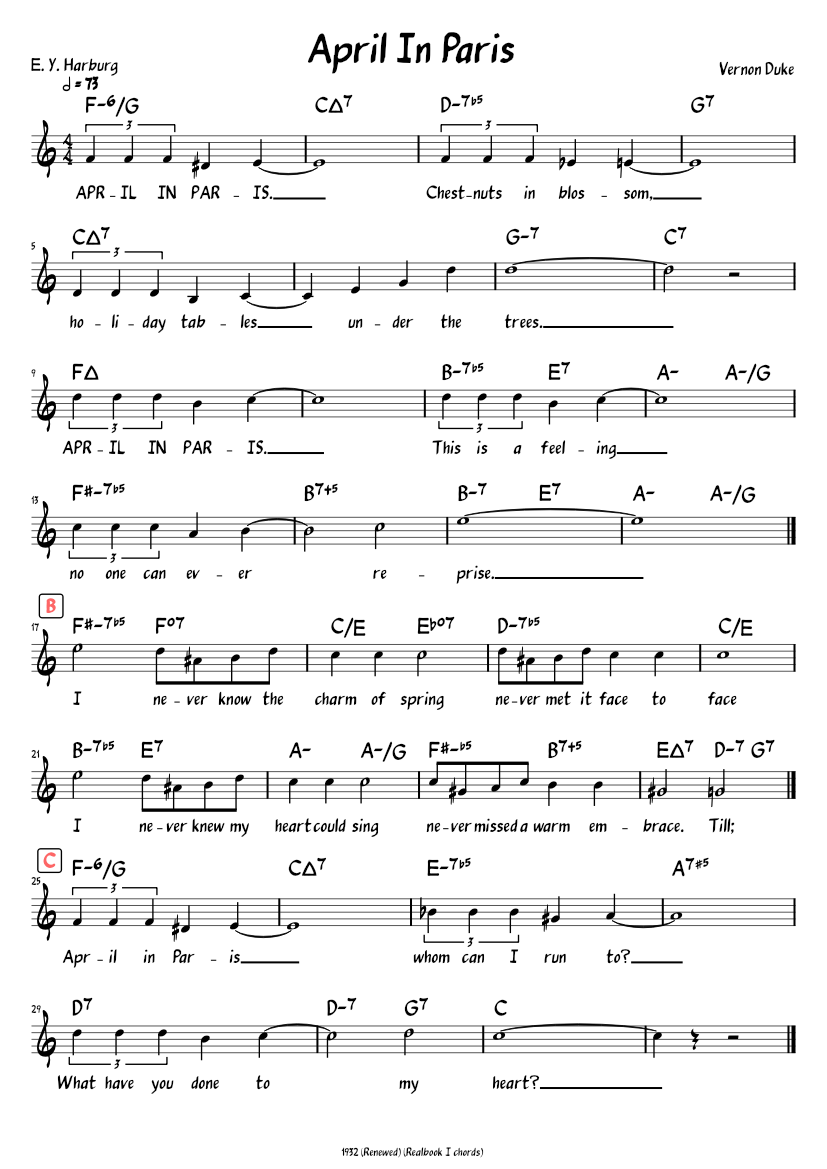 April in Paris (Realbook I chords) (Lead sheet with lyrics ) Sheet ...