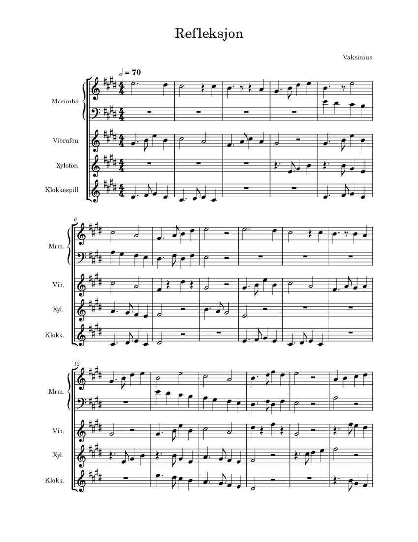 Refleksjon Sheet music for Vibraphone, Glockenspiel, Marimba, Xylophone (Mixed Ensemble ...