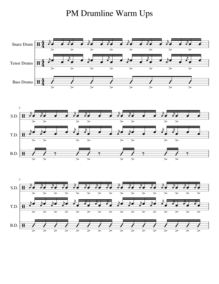 PM Drumline Warm Ups Sheet music for Snare drum, Tenor drum, Bass drum ...