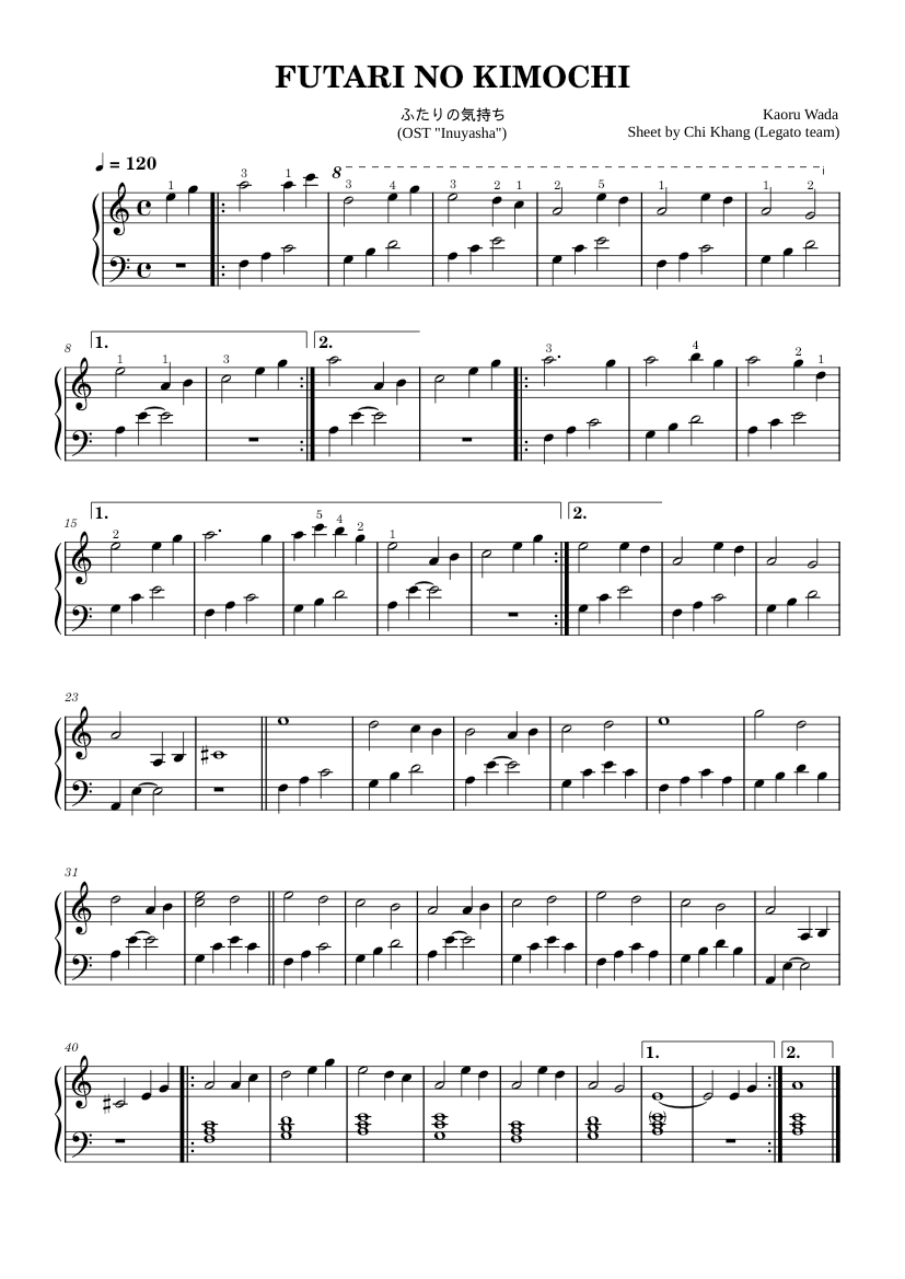 Futari no Kimochi – Kaoru Wada Sheet music for Piano (Solo) Easy | Musescore.com