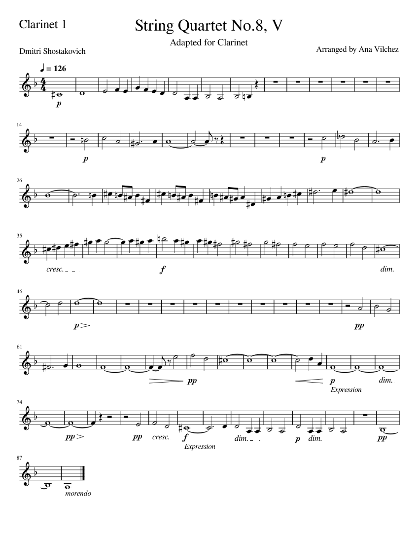 String Quartet No 8, op.110 – Dmitri Shostakovich , Clarinet 1 Sheet music for Clarinet other ...