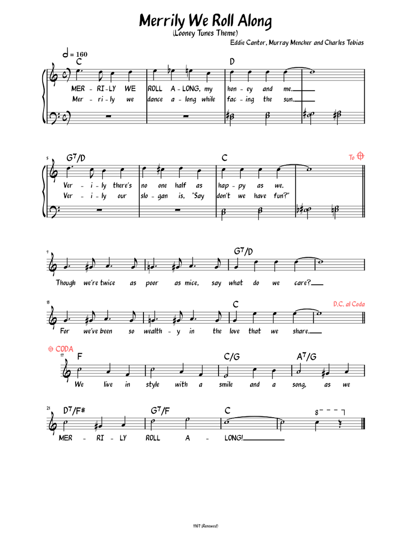 Merrily We Roll Along (Lead sheet with lyrics ) Sheet music for Piano ...
