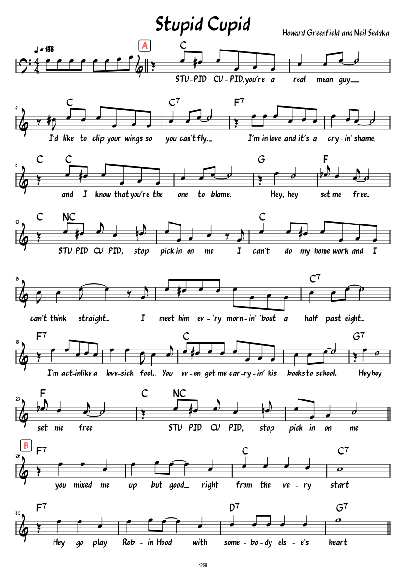 Stupid Cupid (lead sheet with lyrics ) Sheet music for Piano (Solo ...