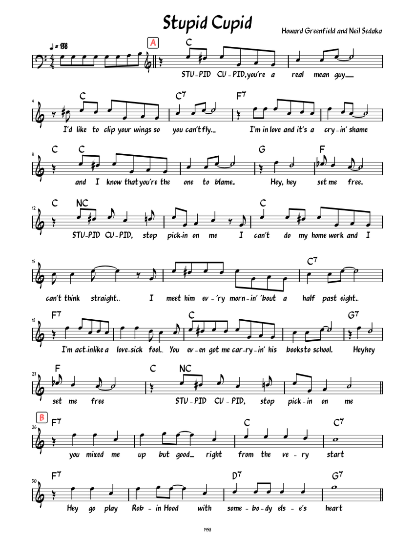 Stupid Cupid (lead sheet with lyrics ) Sheet music for Piano (Solo ...