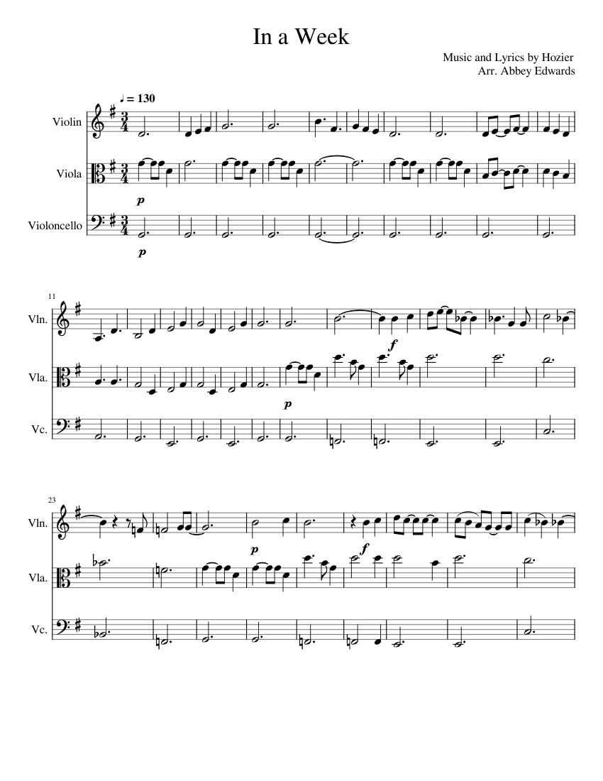 In a Week Sheet music for Violin, Viola, Cello (String Trio ...