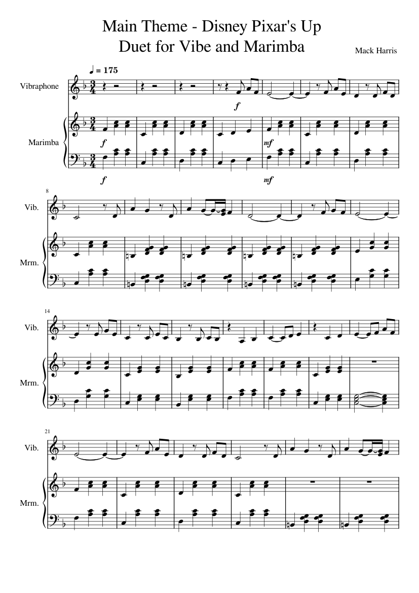 Disney Pixar's Up Main Theme - Duet for Vibe and Marimba Sheet Music ...