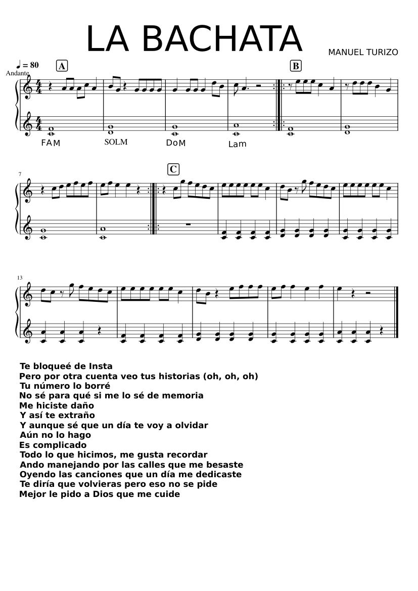 LA BACHATA – Manuel Turizo LA BACHATA Sheet music for Piano (Piano Duo ...