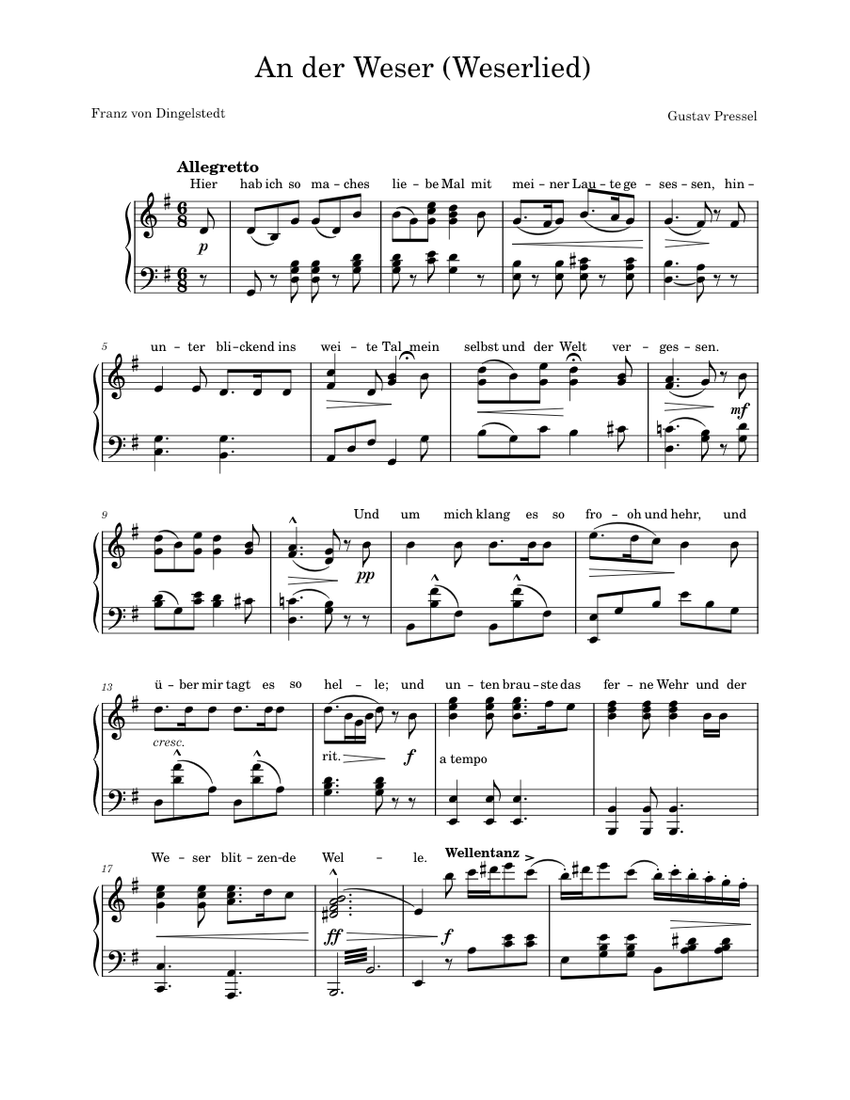 Weserlied – Gustav Pressel . Sheet music for Piano (Piano-Voice ...