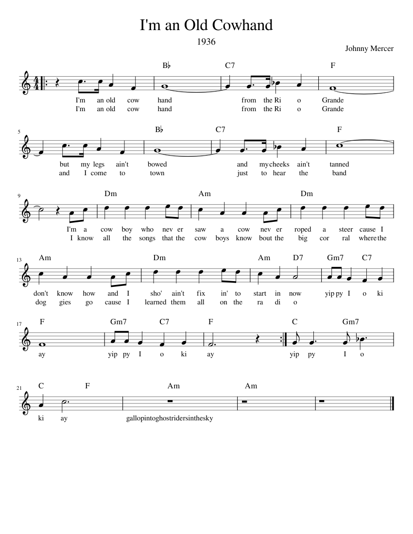 I'm an Old Cowhand– Misc Traditional Sheet music for Piano (Solo ...