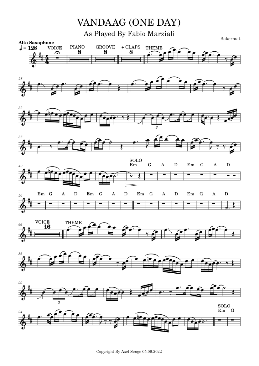 One Day (Vandaag) – Bakermat (ALTO SAX) Sheet Music for Saxophone alto ...