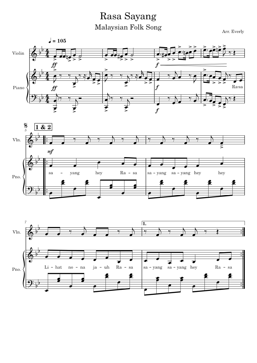 Rasa Sayang – Malaysian Folk Song Sheet music for Piano, Violin (Solo) | Musescore.com