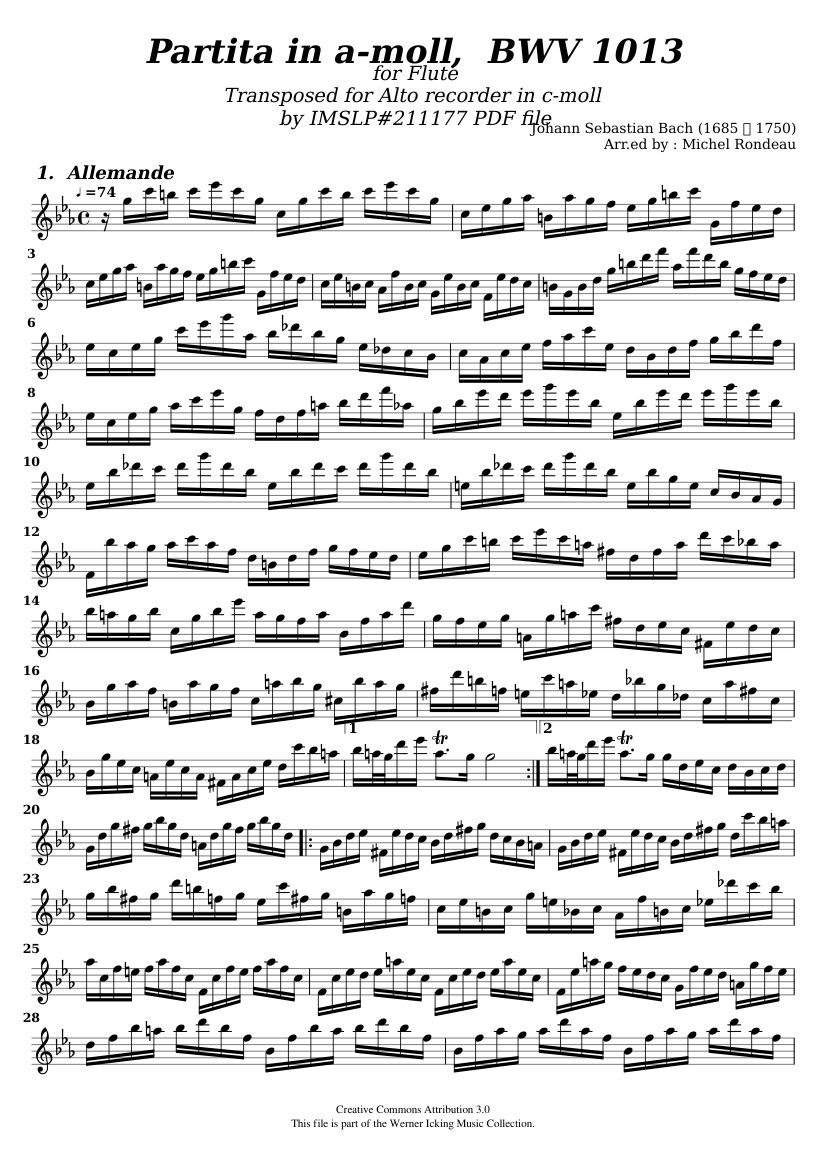 Bach, J.S._Partita in a minor, BWV 1013 Sheet Music for Recorder (Solo ...